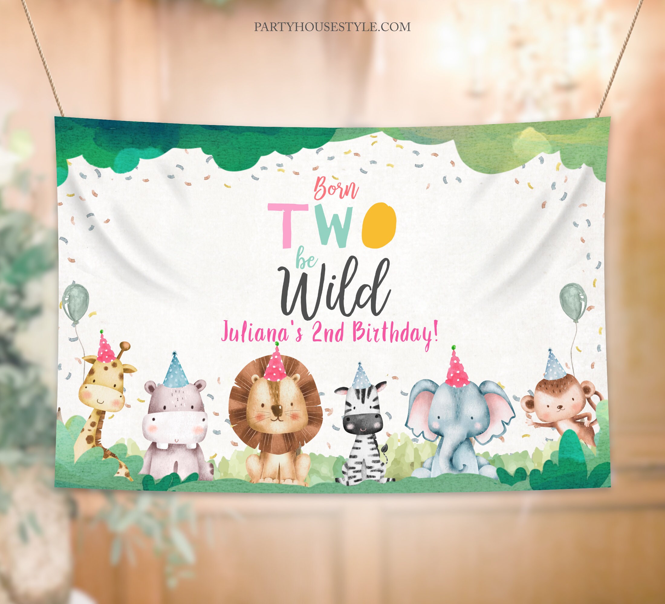 Editable Party Animals Birthday Backdrop Banner Safari Animals Girl ...