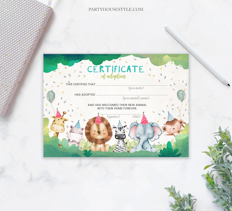 Adopt an Animal Adoption Certificate Safari Animals Adoption Wild One ...
