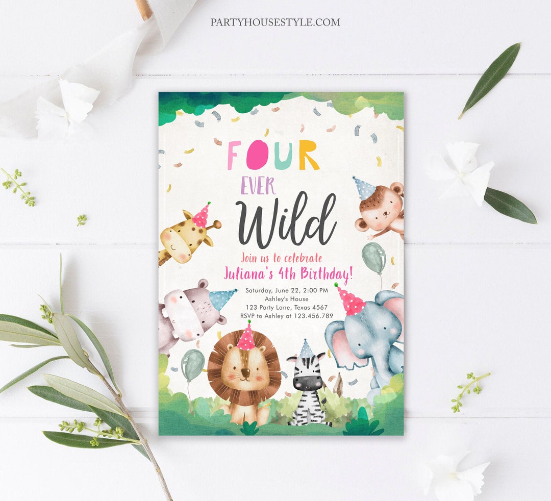 Editable Four Ever Wild Invitation Safari Animals Party Animals Girl ...