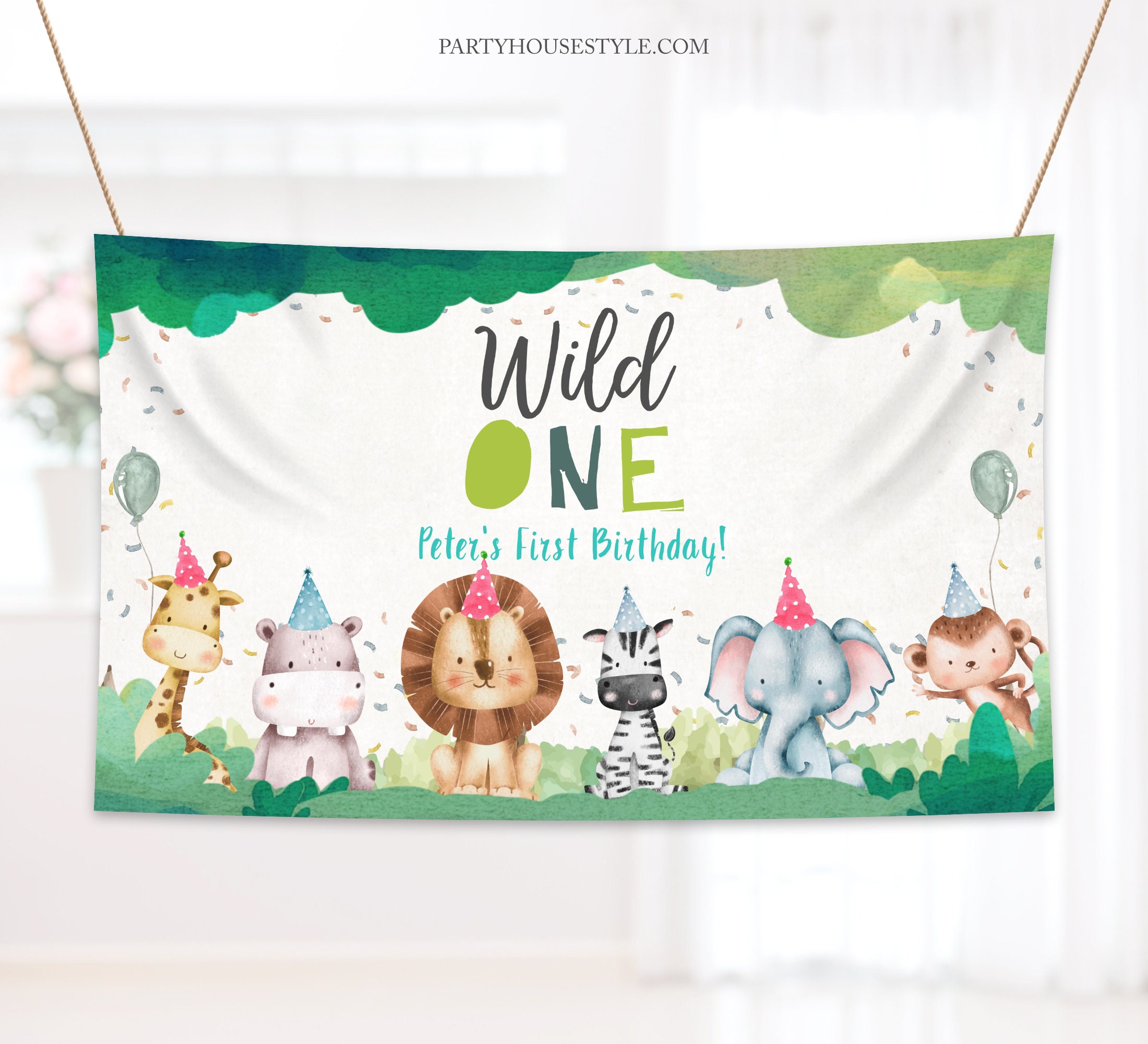 Editable Party Animals Birthday Backdrop Banner Safari Animals Boy Wild ...