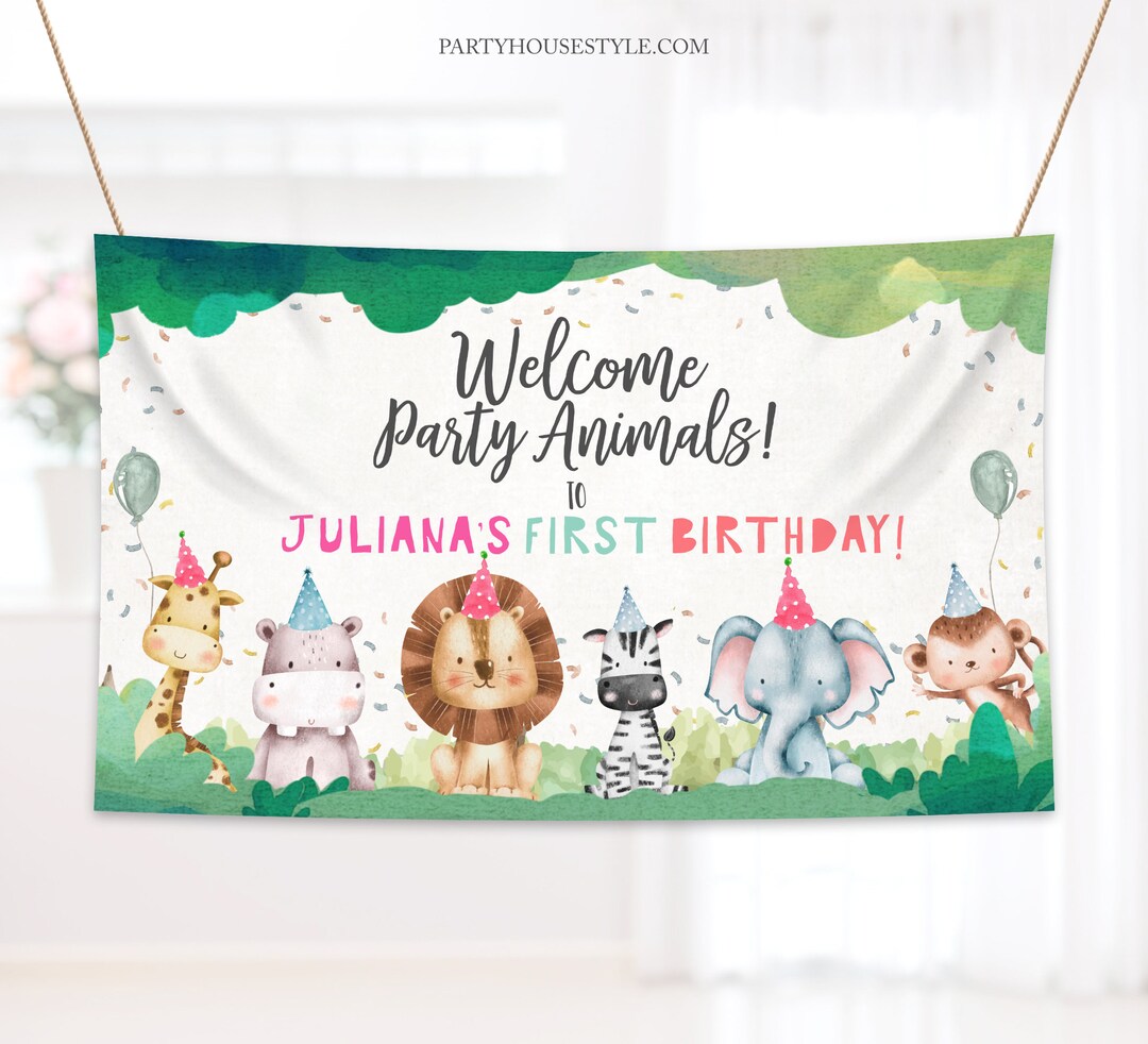 Editable Party Animals Birthday Backdrop Banner Welcome Safari Animals ...