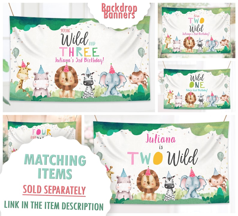 Editable Party Animals Birthday Backdrop Banner Safari Animals Girl ...