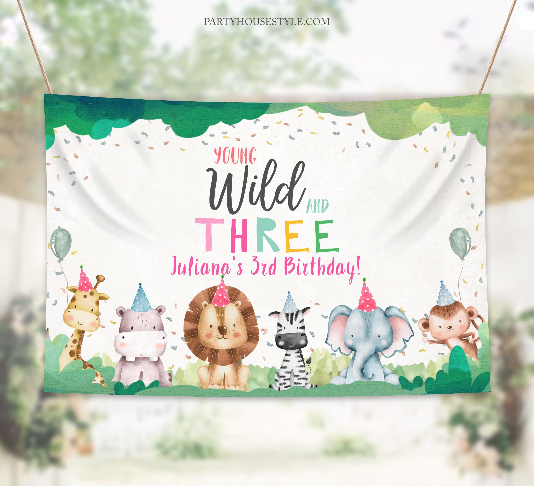 Editable Party Animals Birthday Backdrop Banner Safari Animals Girl ...