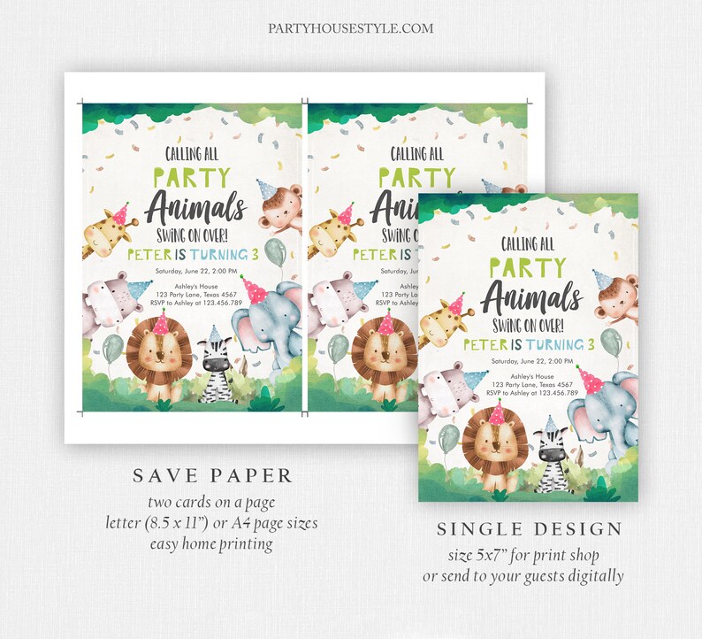 Editable Party Animals Birthday Invitation Wild One Animals Invitation ...