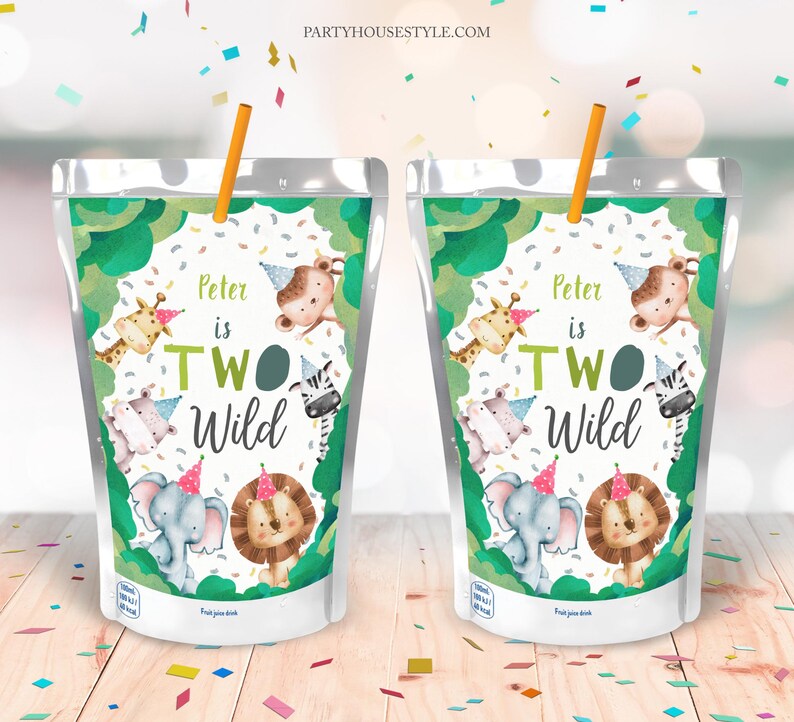 Editable Party Animals Juice Pouch Label Two Wild Birthday Juice Labels ...