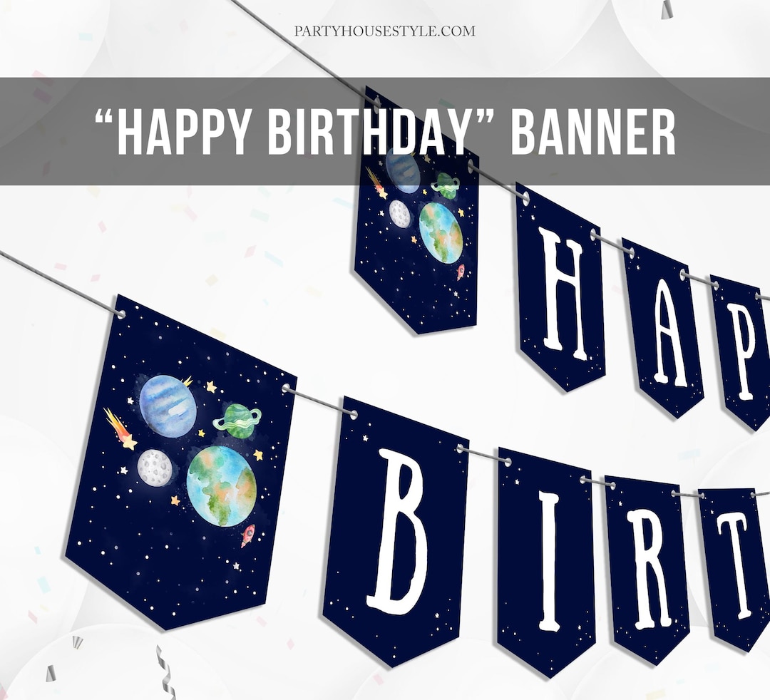 Happy Birthday Banner Galaxy Space Planets Banner Boy Outer Galaxy ...