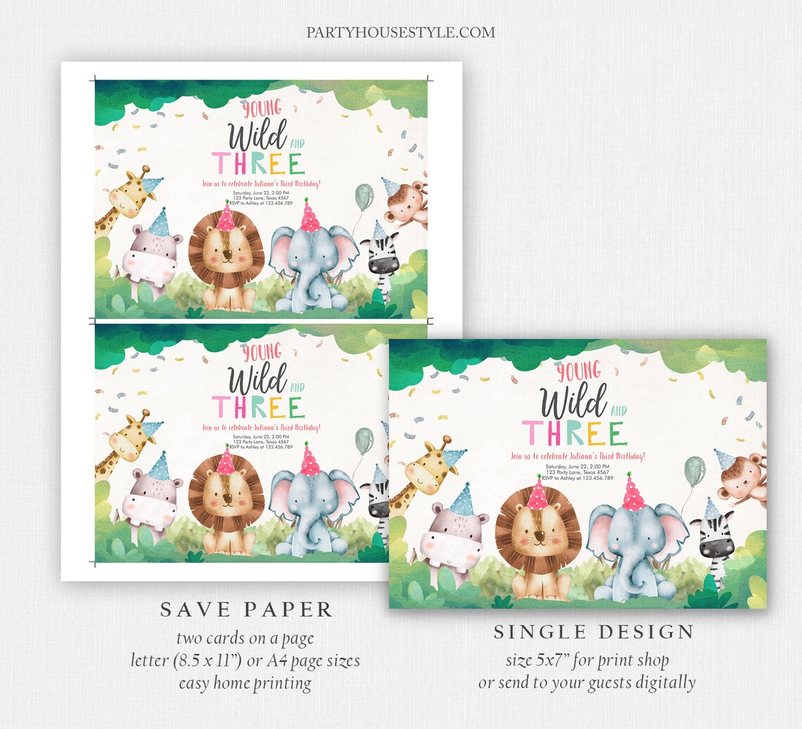 Editable Young Wild and Three Invitation Girl Pink Safari Animals Zo ...