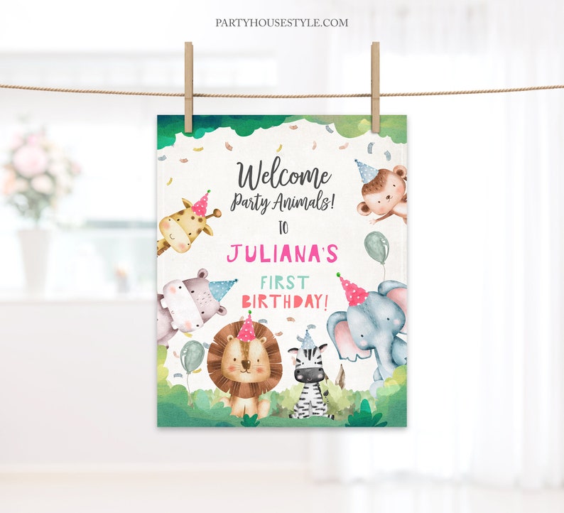 Editable Party Animals Welcome Sign Girl Birthday Party Safari Animals ...