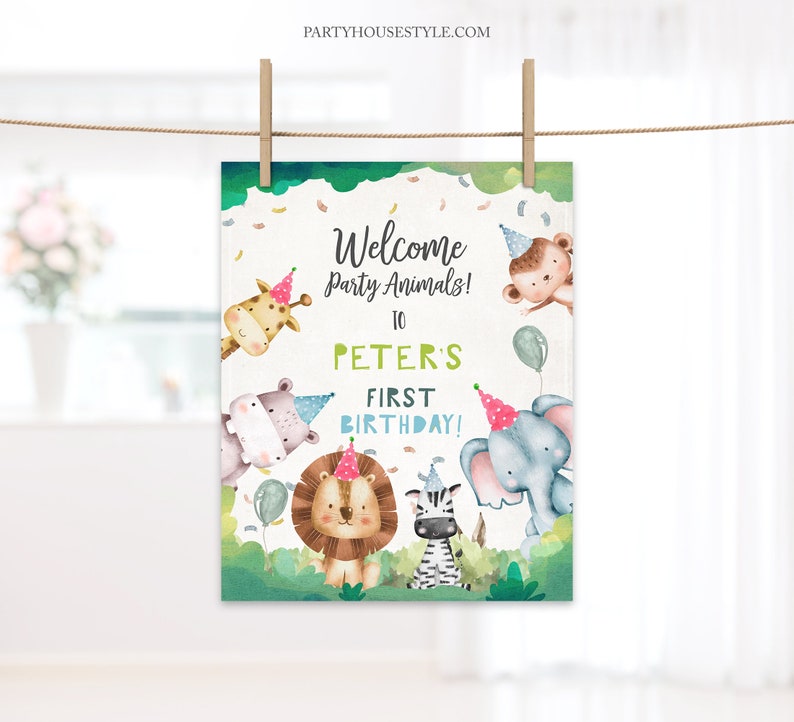 Editable Party Animals Welcome Sign Boy Birthday Party Safari Animals ...