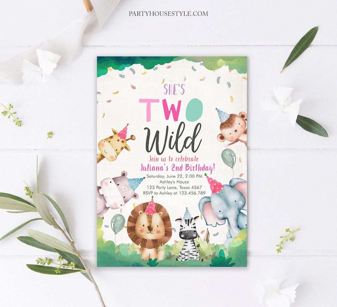 Editable Two Wild Birthday Invitation Girl Second Birthday 2nd Safari ...