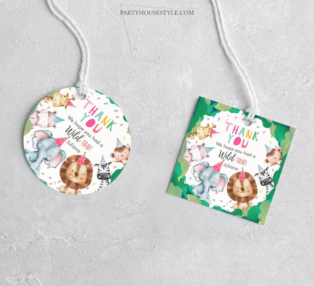 Editable Party Animals Favor Tags Wild One Thank You Tag Safari Animals ...