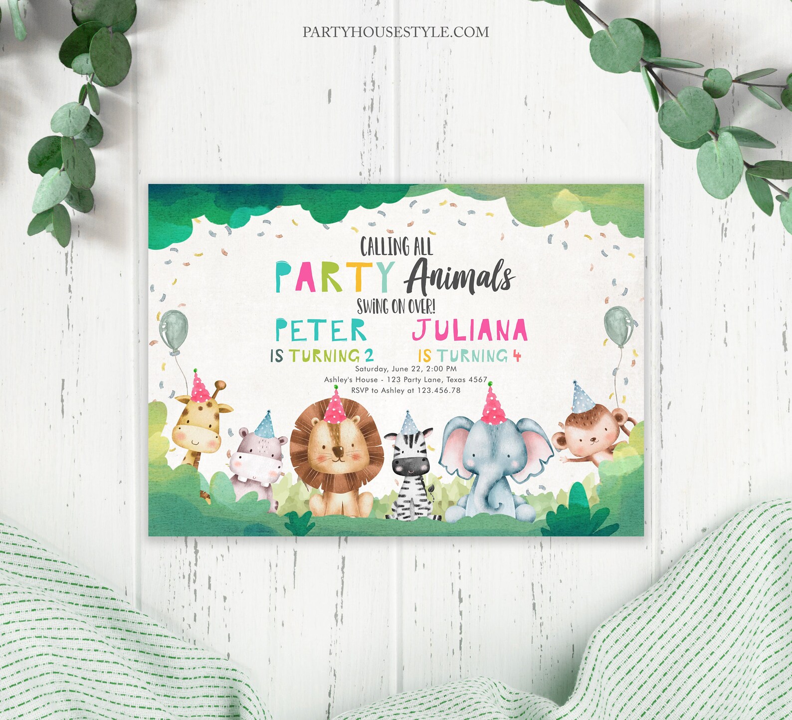 Editable Party Animals Birthday Invitation Wild One Safari Animals ANY ...