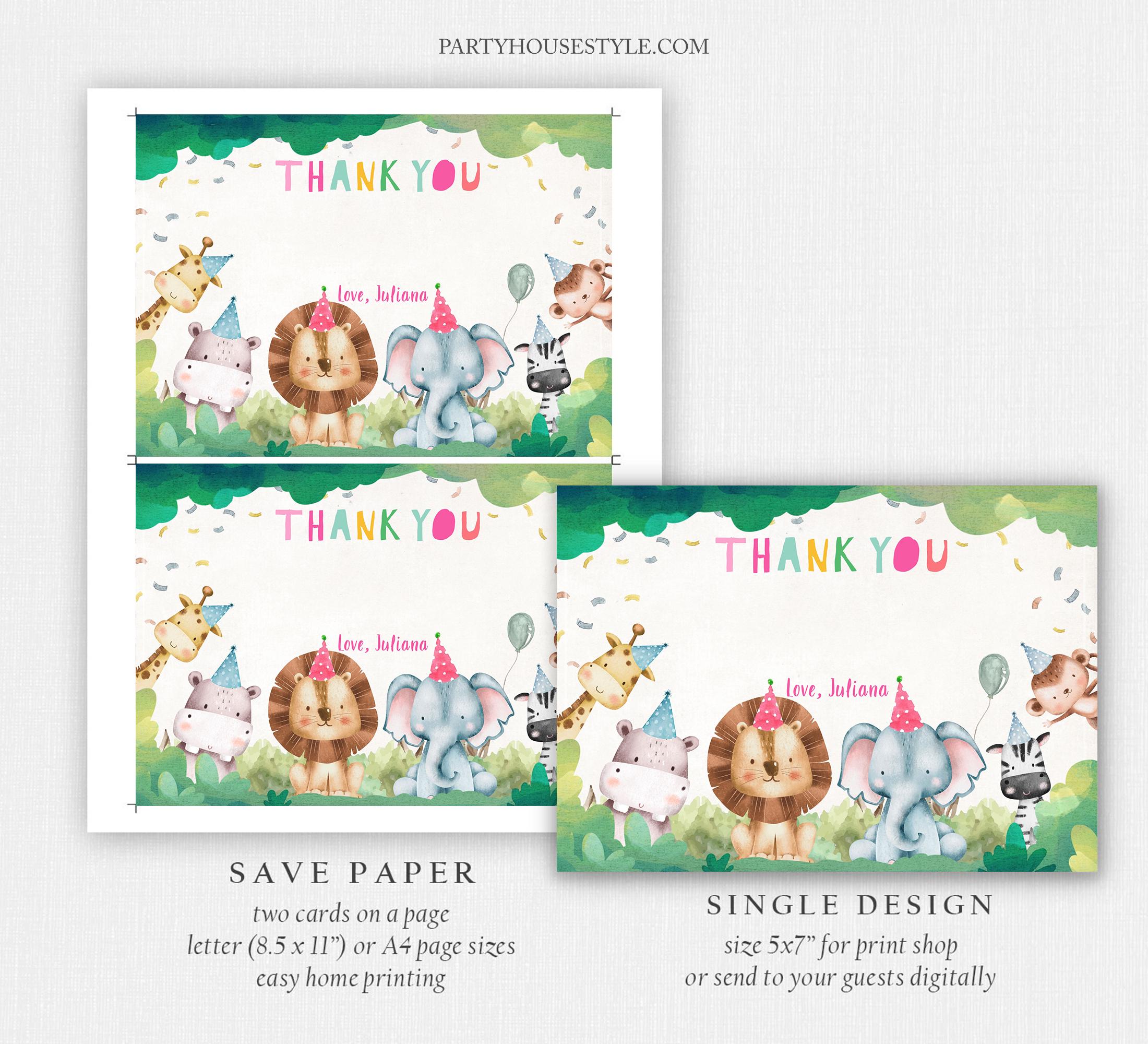Editable Party Animals Thank You Card Note Wild One Safari Animals Girl ...