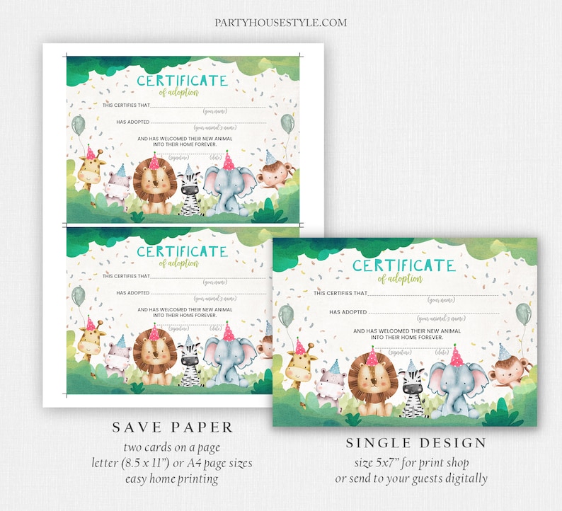 Adopt an Animal Adoption Certificate Safari Animals Adoption Wild One ...