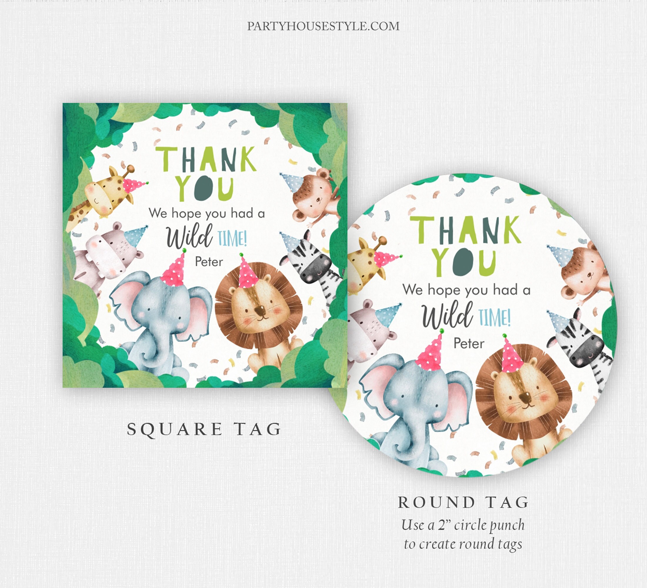 Editable Party Animals Favor Tags Wild One Thank You Tag Safari Animals ...