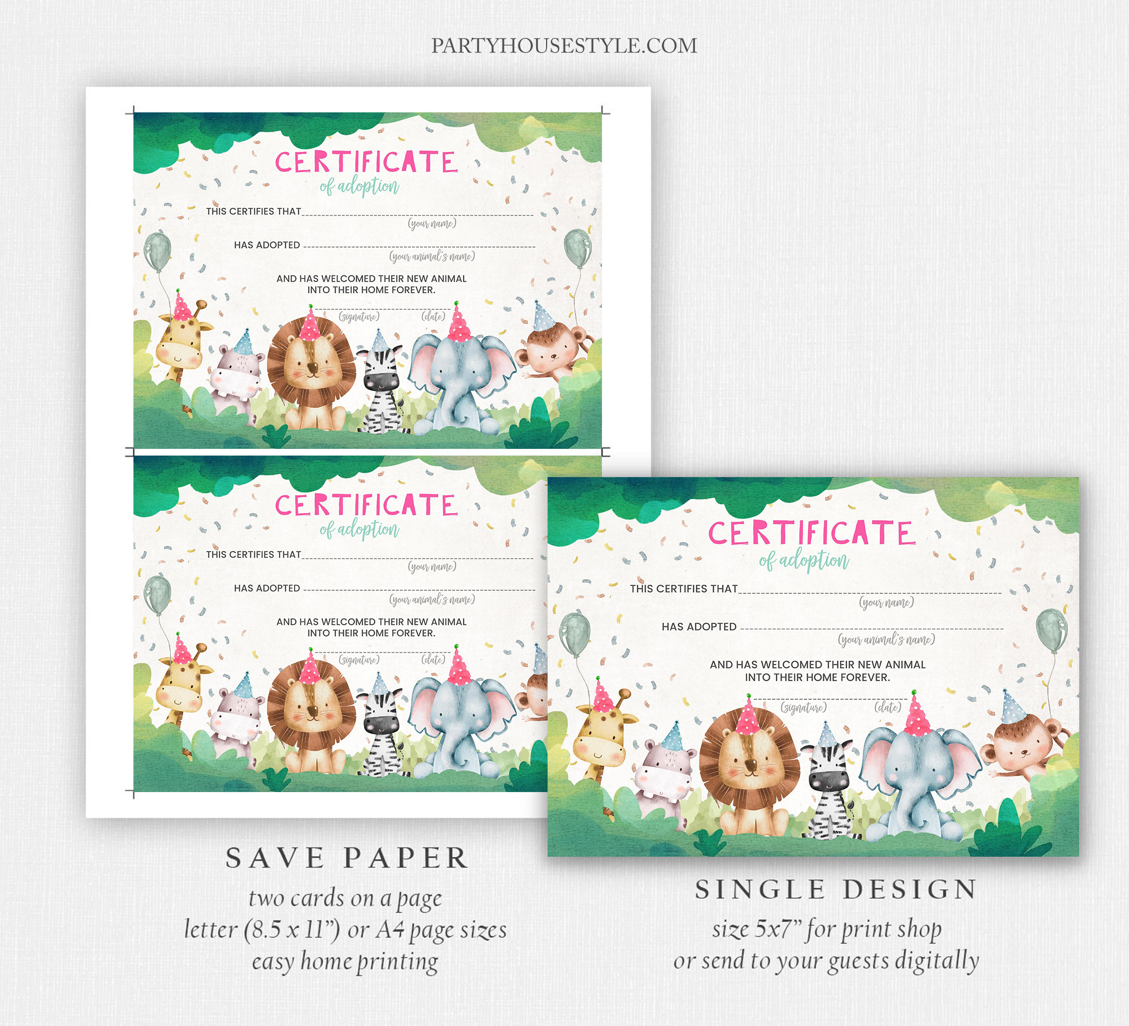 Adopt an Animal Adoption Certificate Safari Animals Adoption Wild One ...