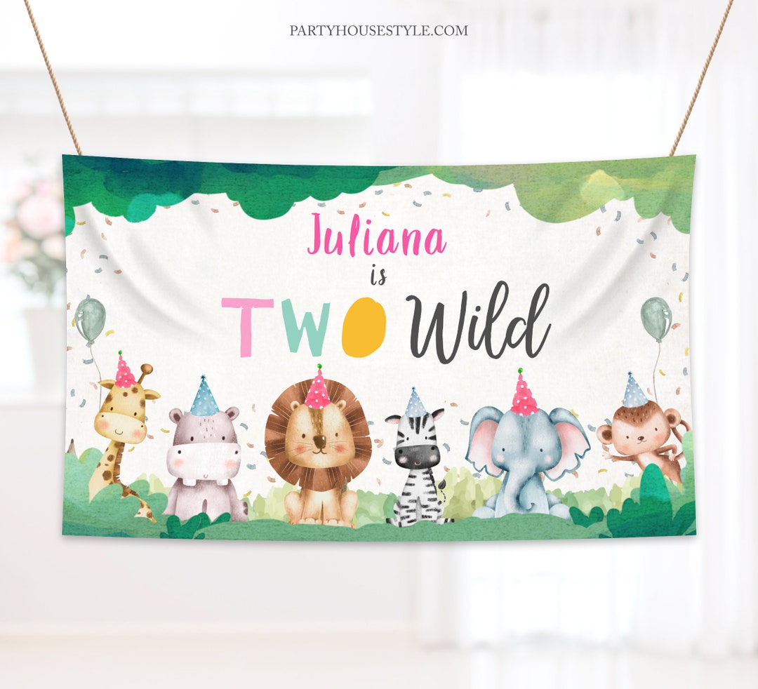 Editable Party Animals Birthday Backdrop Banner Safari Animals Girl Two ...