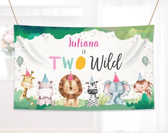 Editable Party Animals Birthday Backdrop Banner Safari Animals Girl Two ...
