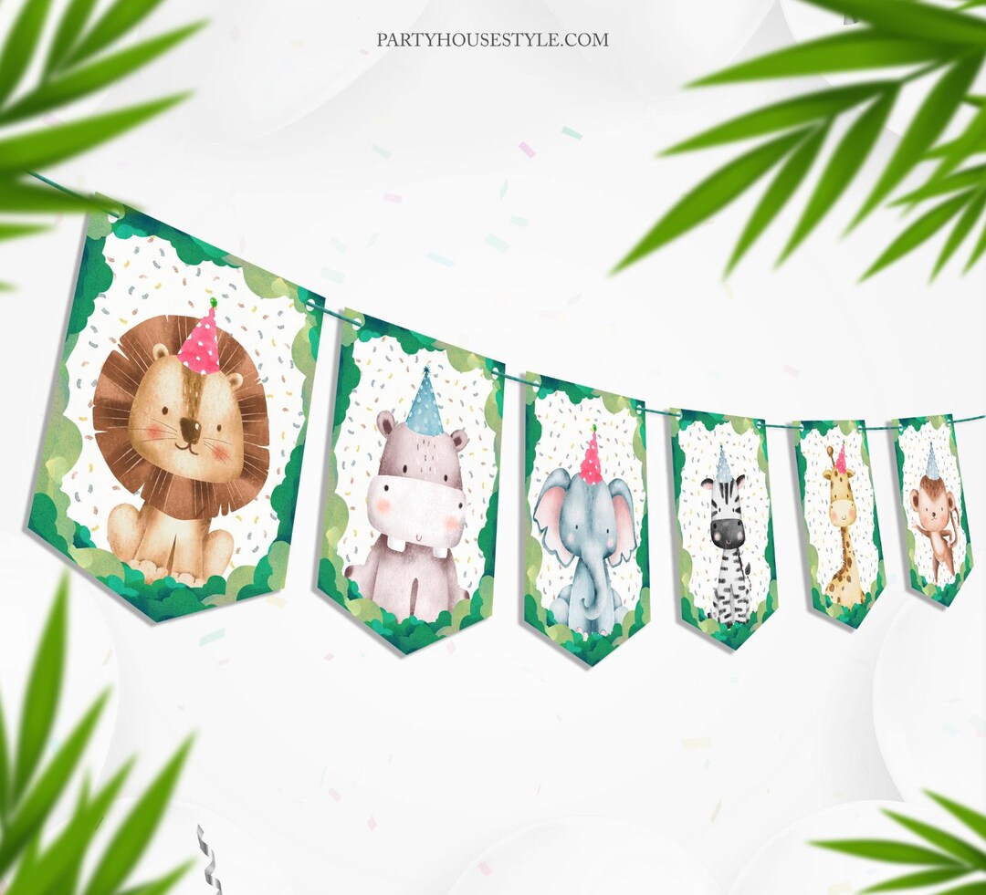 Printable Safari Animals Birthday Banner Party Giraffe Lion Zebra ...