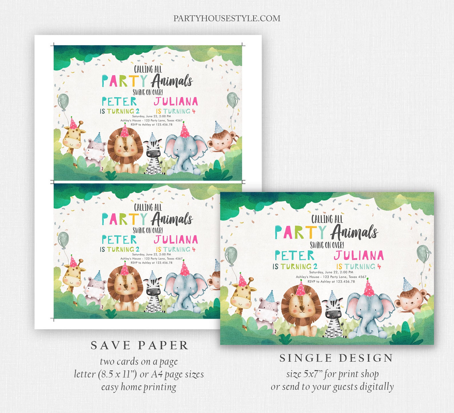 Editable Party Animals Birthday Invitation Wild One Safari Animals ANY ...