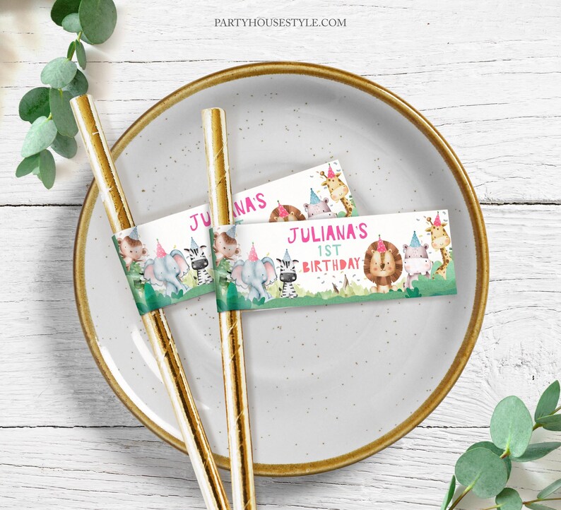 Editable Party Animals Straw Tags Safari Animal Birthday Straw Label ...