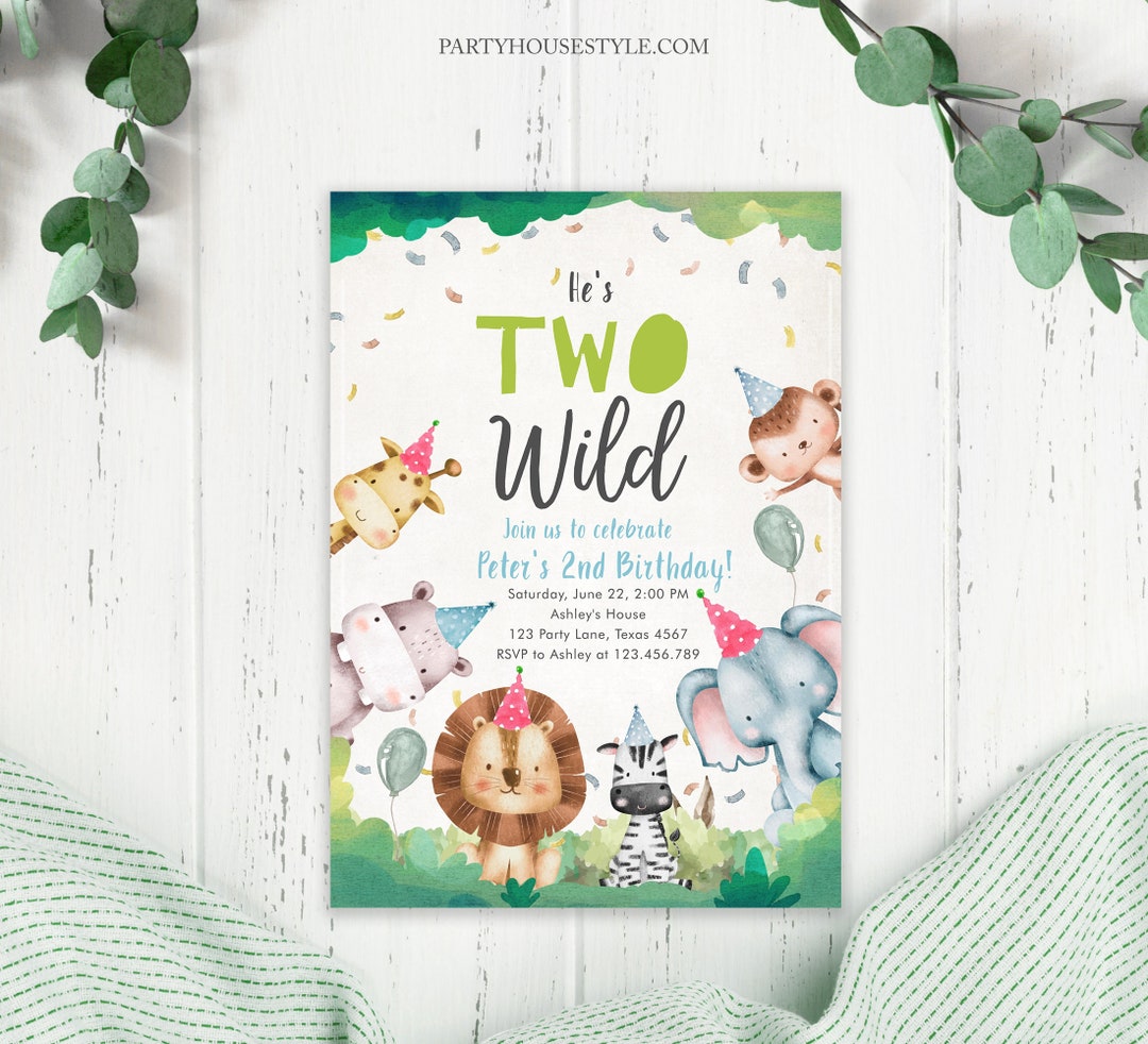 Editable Two Wild Birthday Invitation Boy Second Birthday 2nd Safari ...