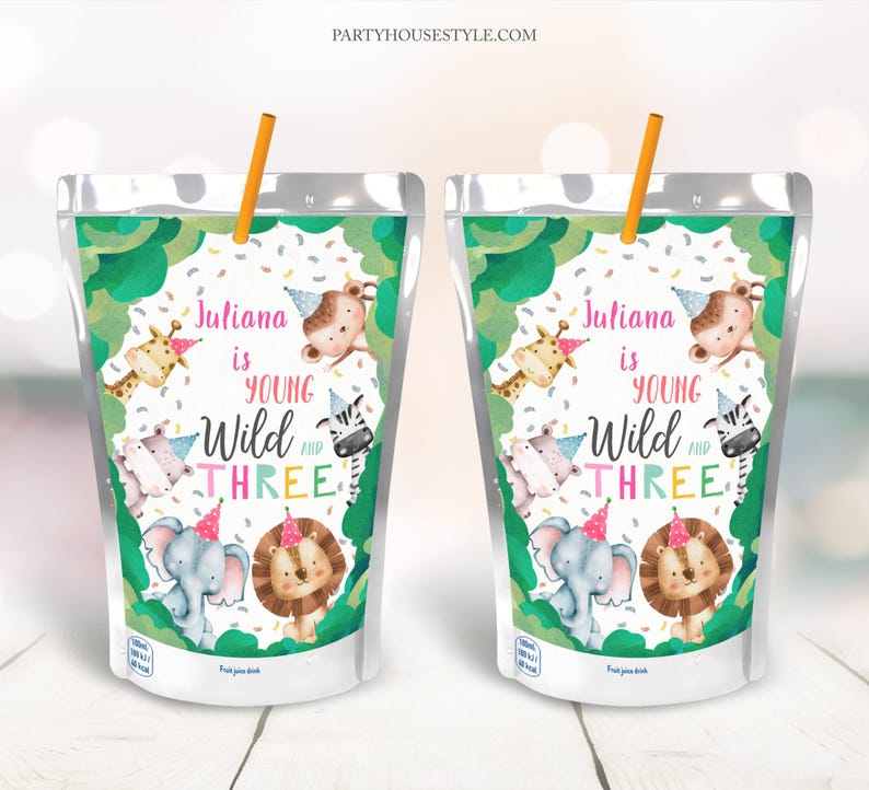 Editable Party Animals Juice Pouch Label Juice Favors Young Wild and ...