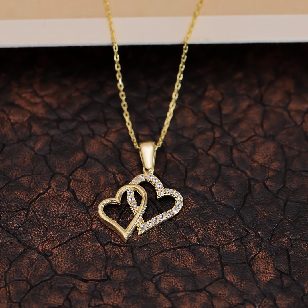 Diamond Double Heart Necklace in 14k Solid Gold for Women - Etsy