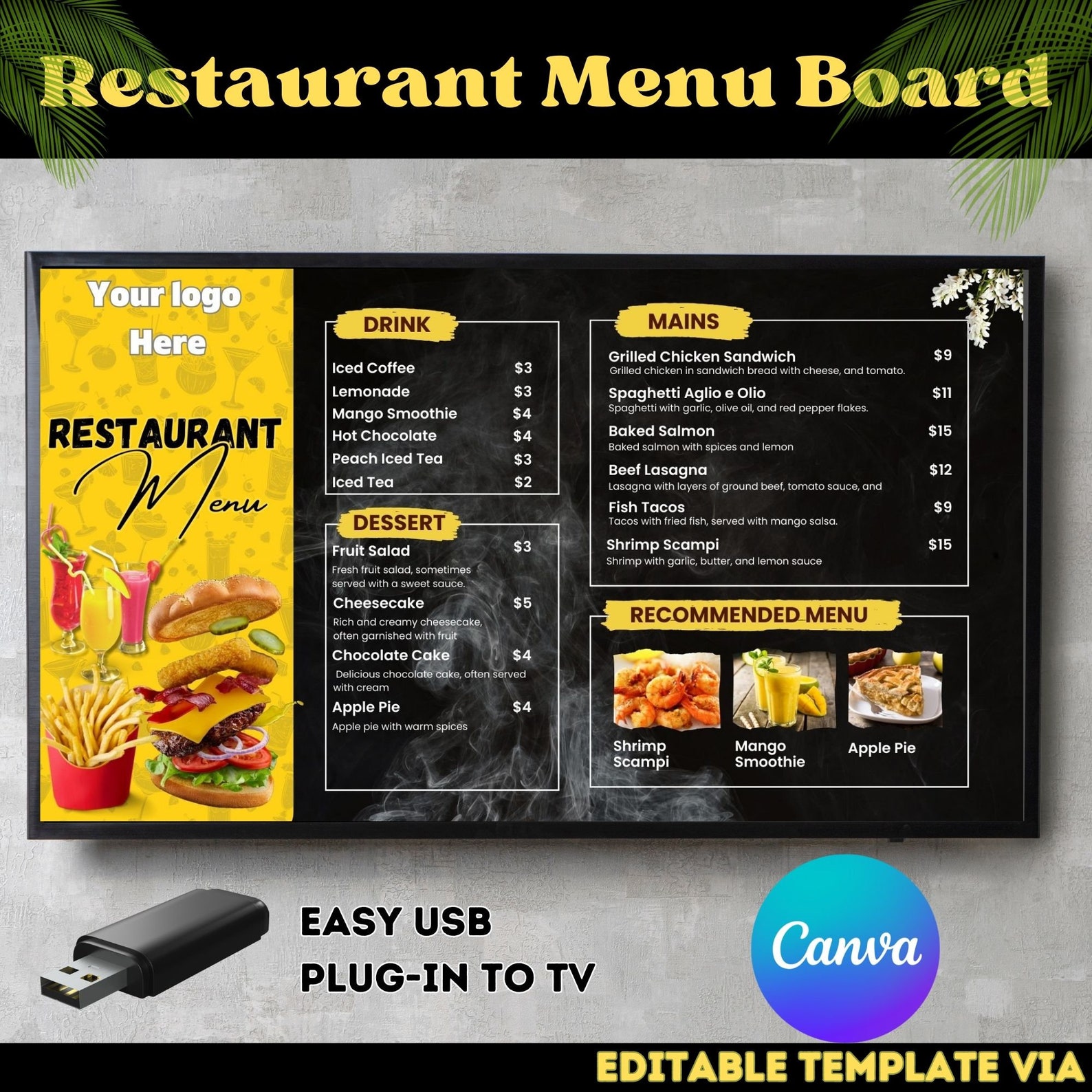Restaurant TV Menu Board Template: Easy DIY Digital Display (canva) - Etsy