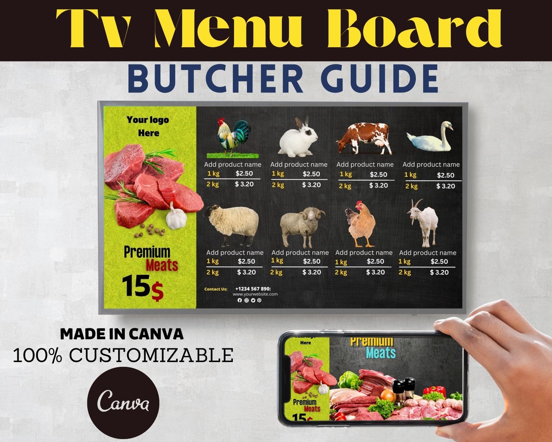 Butcher Guide, Meats Menu, TV Menu Board , Meat Menu , Canva Template ...