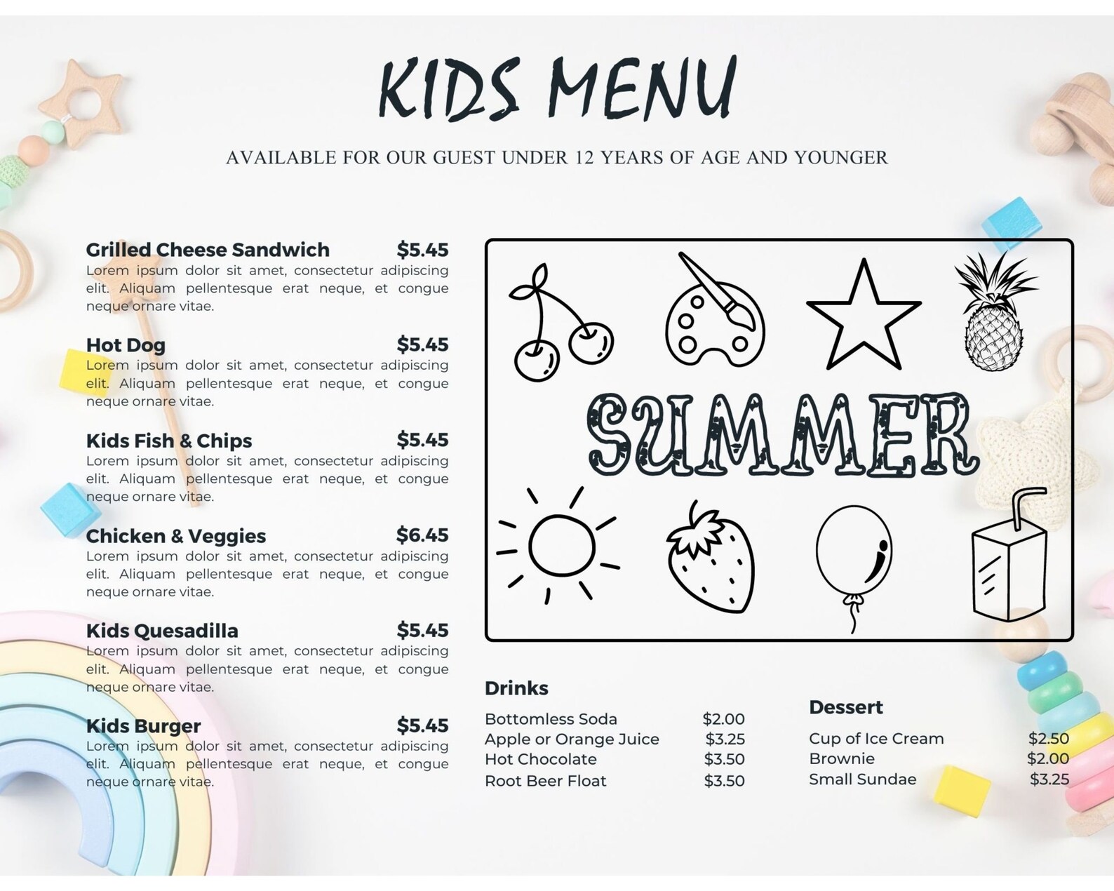 Custom Kids Restaurant Menu, Personalized for Your Restaurant, Kids ...