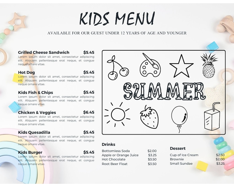 Custom Kids Restaurant Menu: Printable Game Template (PDF) - Etsy