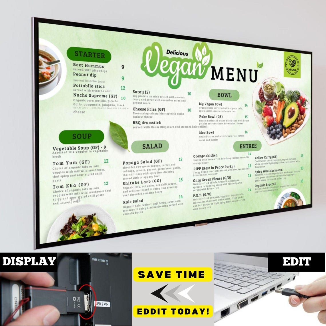 Animated Vegan TV Menu Board: Restaurant Display (canva Template) - Etsy