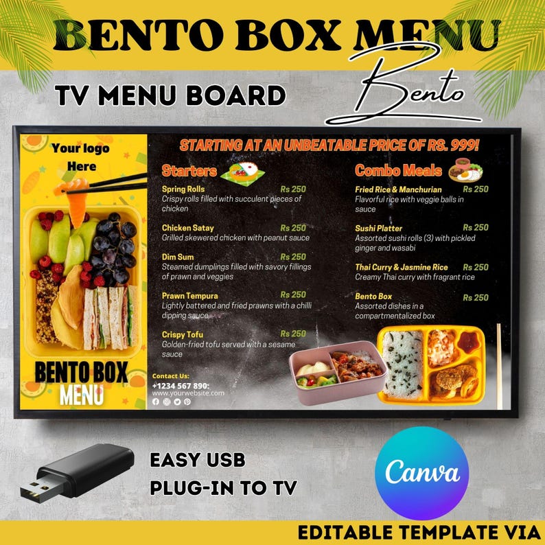 Bento Box Menu Canva Template: Digital Menu Board With Prices, Ideas ...