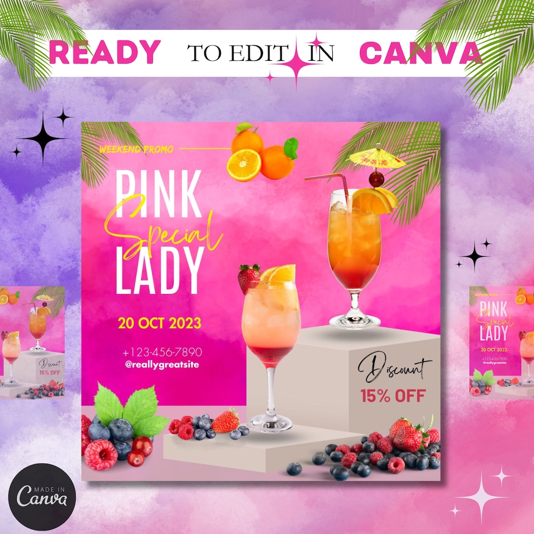 Cocktail Menu Flyer, Editable Flyer Template, Shades of Pink Brunch ...
