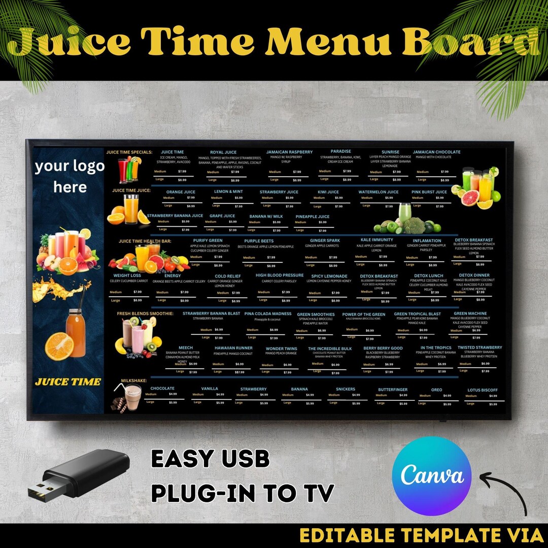 Juice Menu Board Template: TV Menu Design (canva Editable) - Etsy