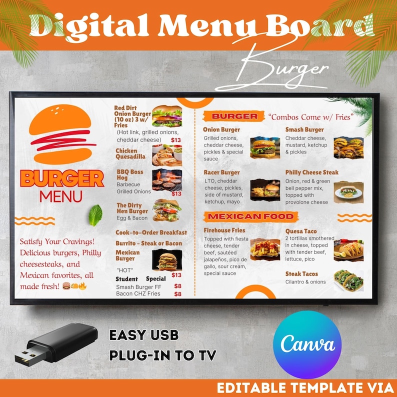 Editable Digital Menu Board for Burger and Mexican Food | Static TV ...