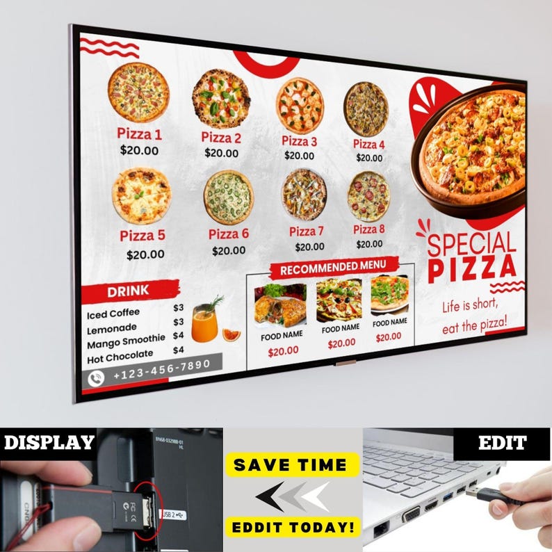 Pizza TV Menu Board Template: Restaurant Digital Design (canva) - Etsy