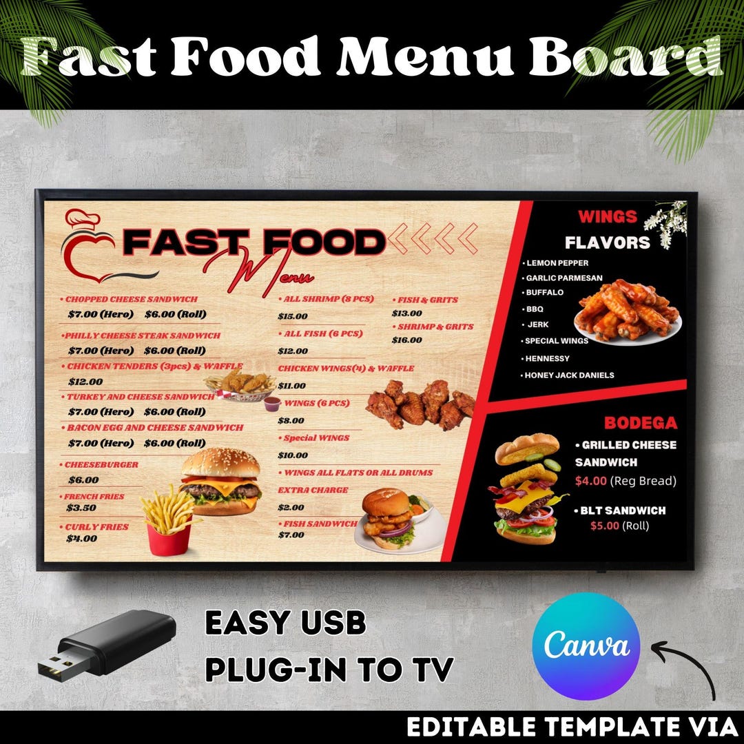 Fast Food TV Menu Board Template: Restaurant Digital Display (canva) - Etsy