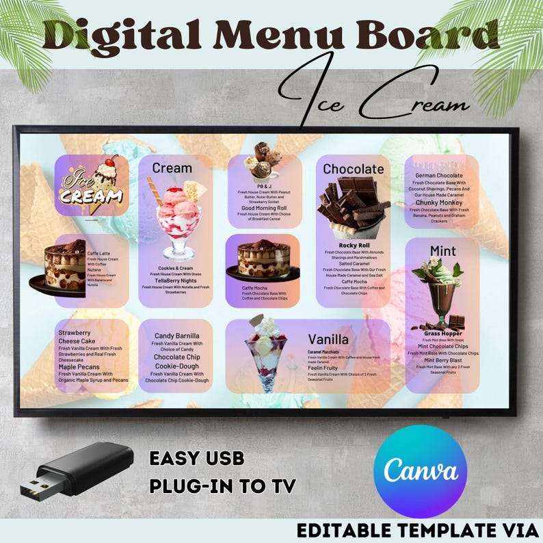 Ice Cream Menu Board Design: Restaurant Digital Signage (canva Template ...