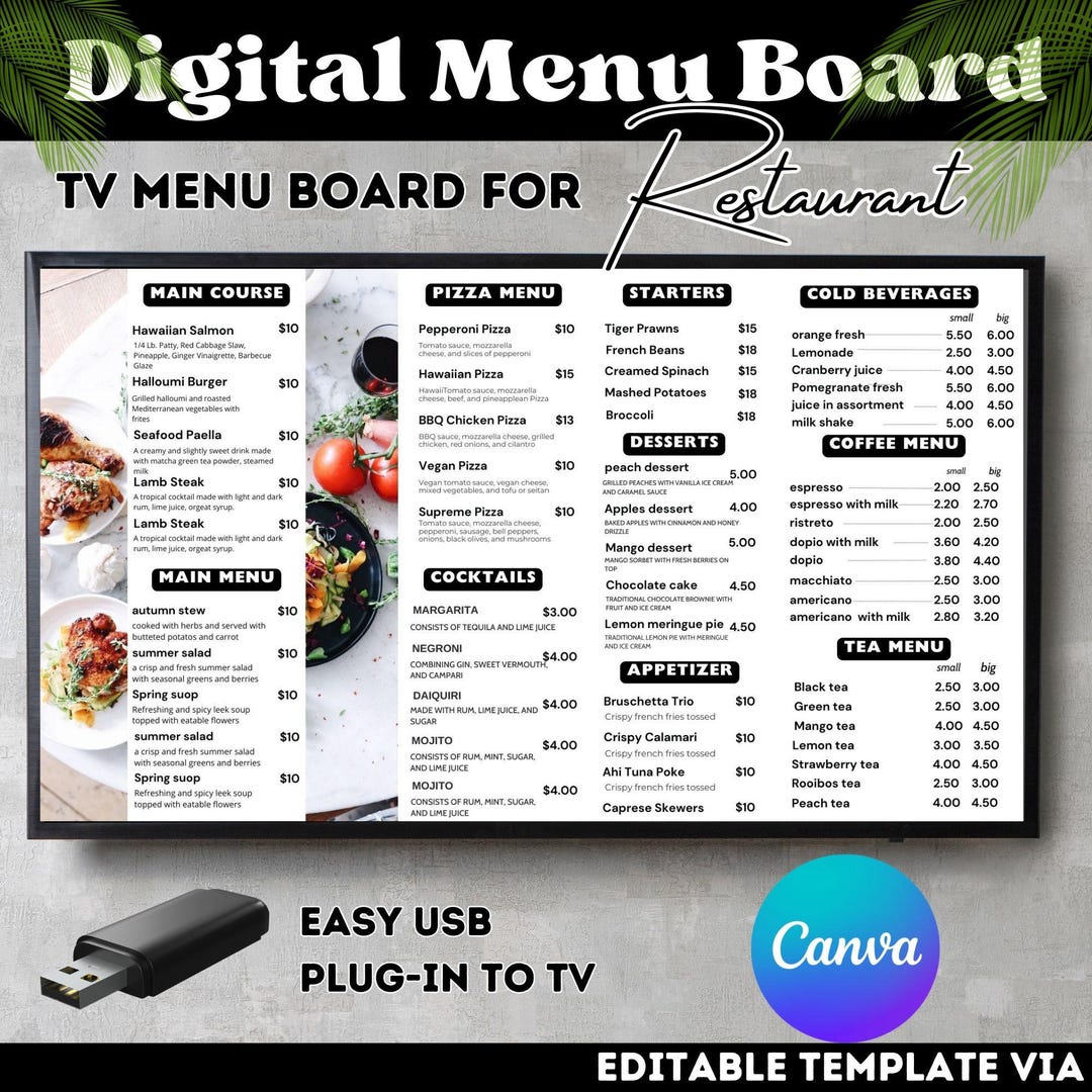 DIY Digital Menu Board Template – Editable Canva Design for Restaurant ...