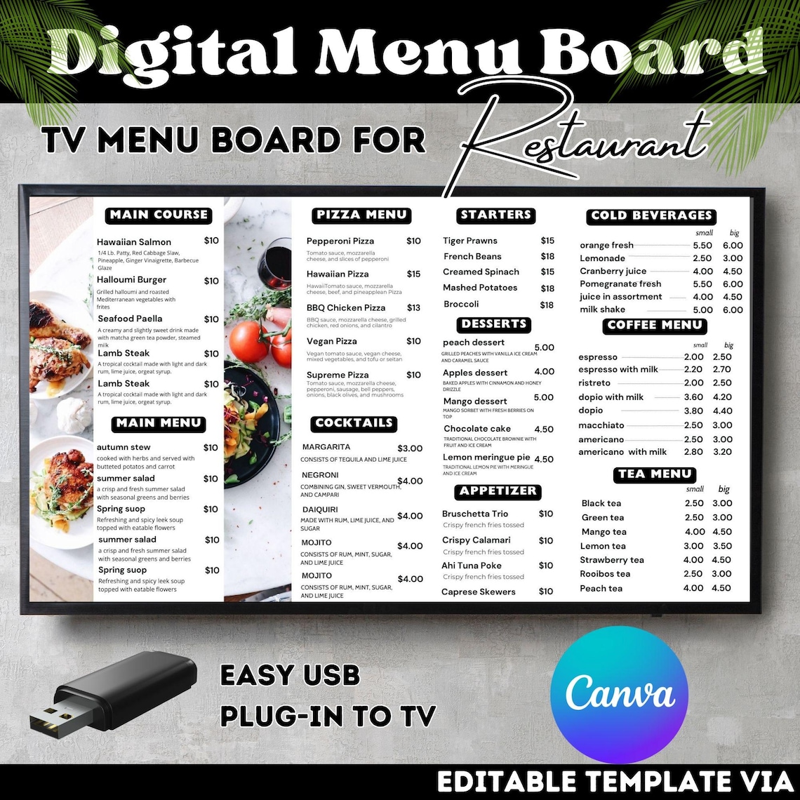 DIY Digital Menu Board Template – Editable Canva Design for Restaurant ...