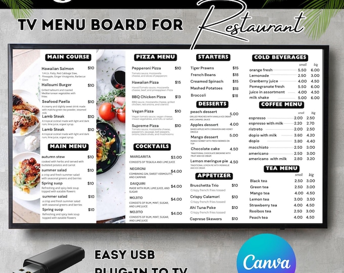 DIY Static TV Editable Digital Menu Board Screen Canva Template for ...