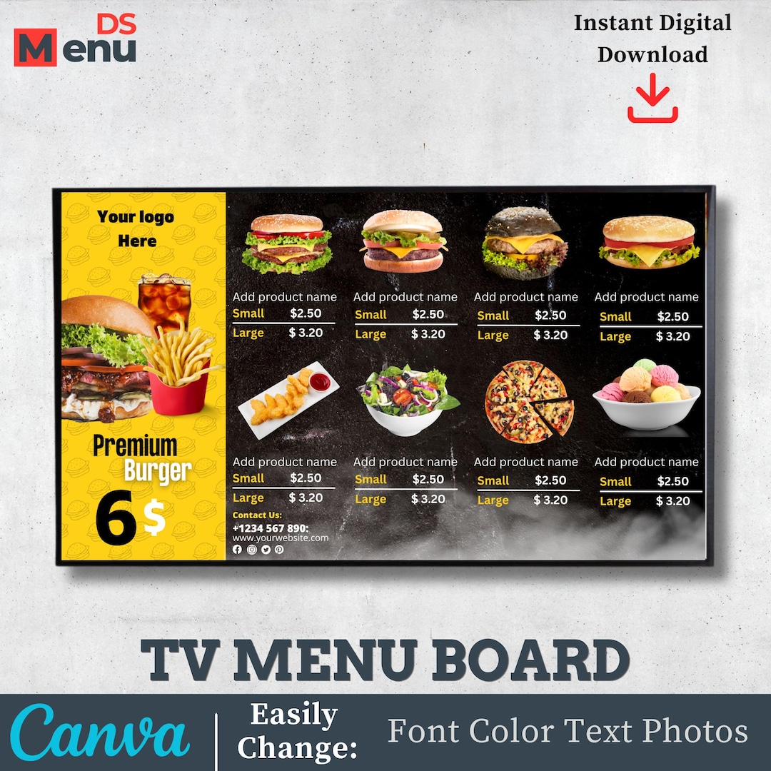 Restaurant TV Menu Board Template | Editable Canvas Digital Sign | Cafe ...