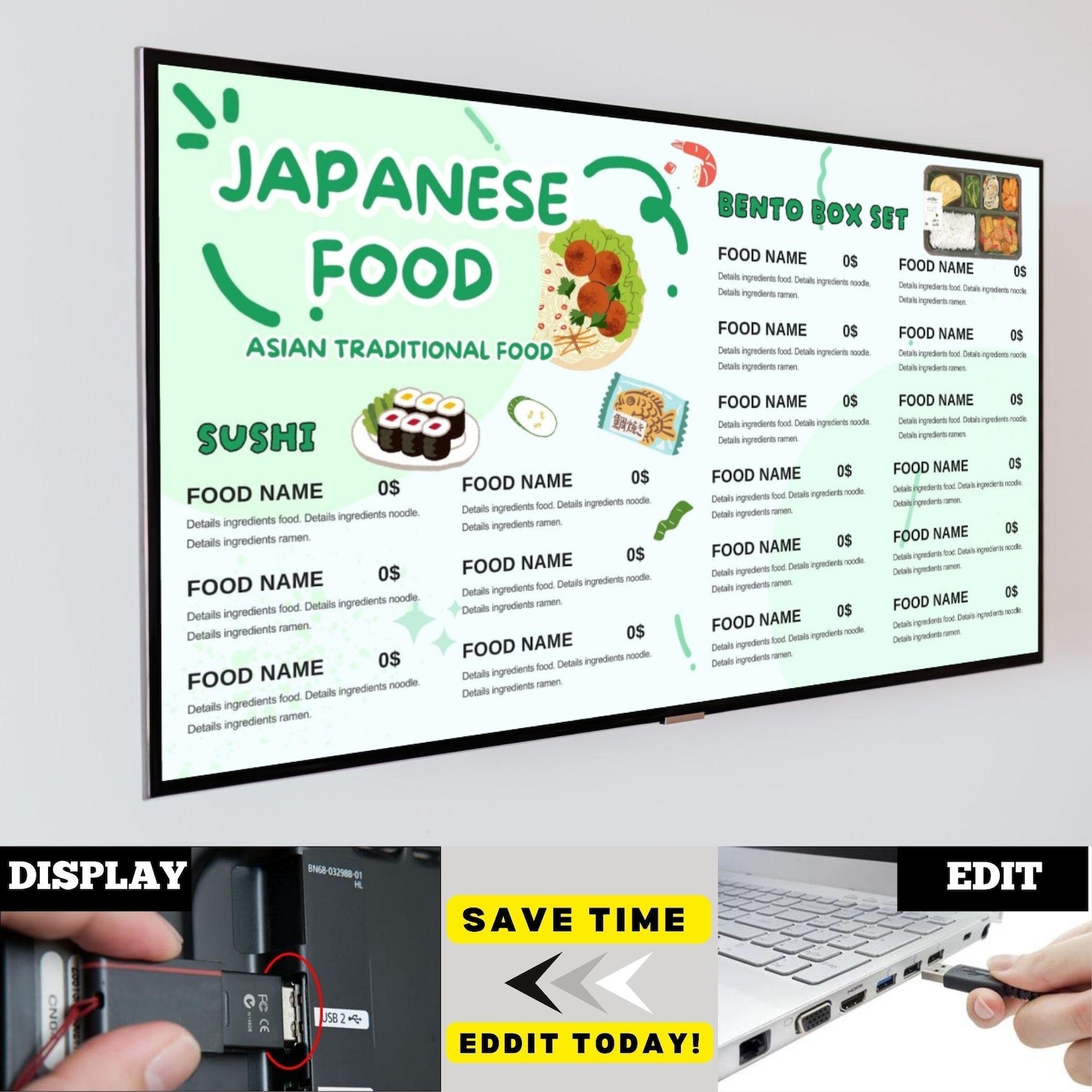 Japanese Food TV Menu Board Template: Sushi & Bento (canva Editable ...