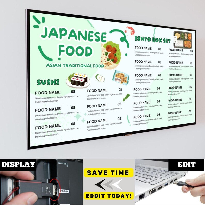 Japanese Food Menu Board Canva Template Sushi & Bento Box Menu Design ...