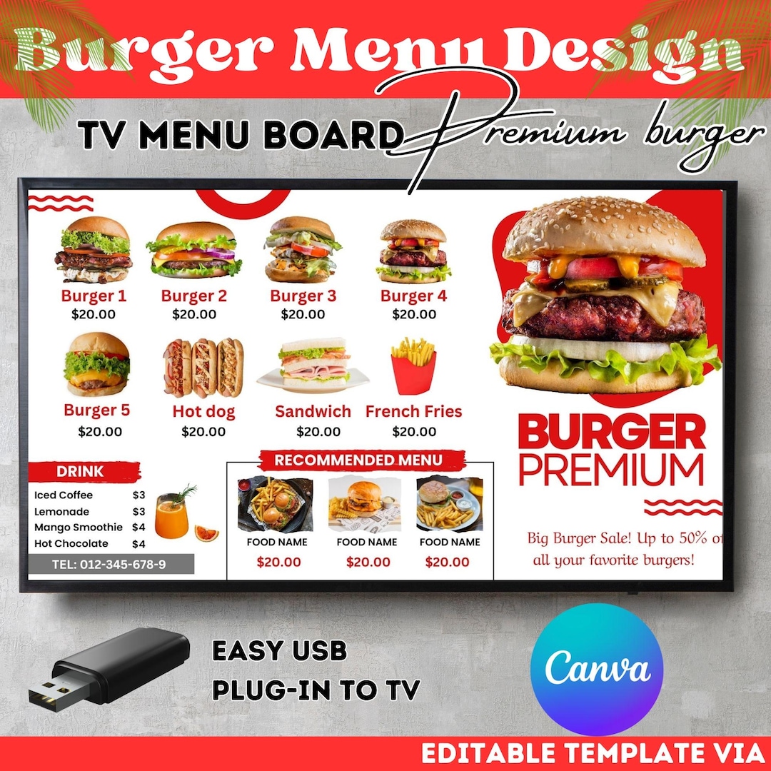 Editable Burger TV Menu Design Canva Template - Premium Digital ...