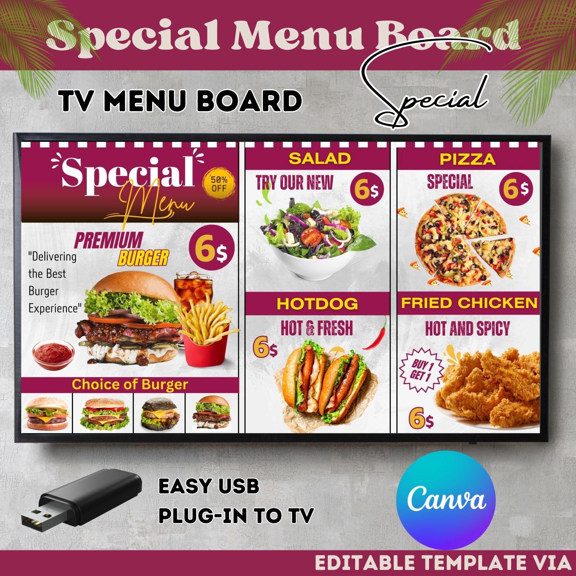 4k Animated Menu Board, Digital Menu Template, Editable Canva Design ...