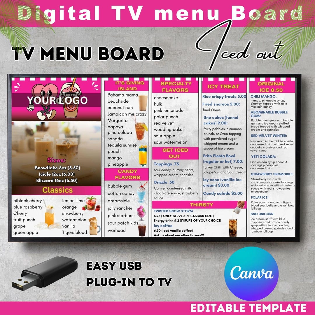 Iced Out Menu Board Template | Editable TV Menu for Drinks & Desserts ...