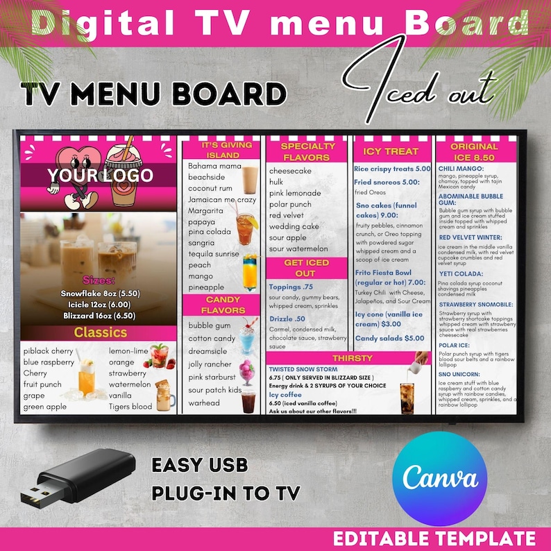 Iced Out Menu Board Template | Editable TV Menu for Drinks & Desserts ...